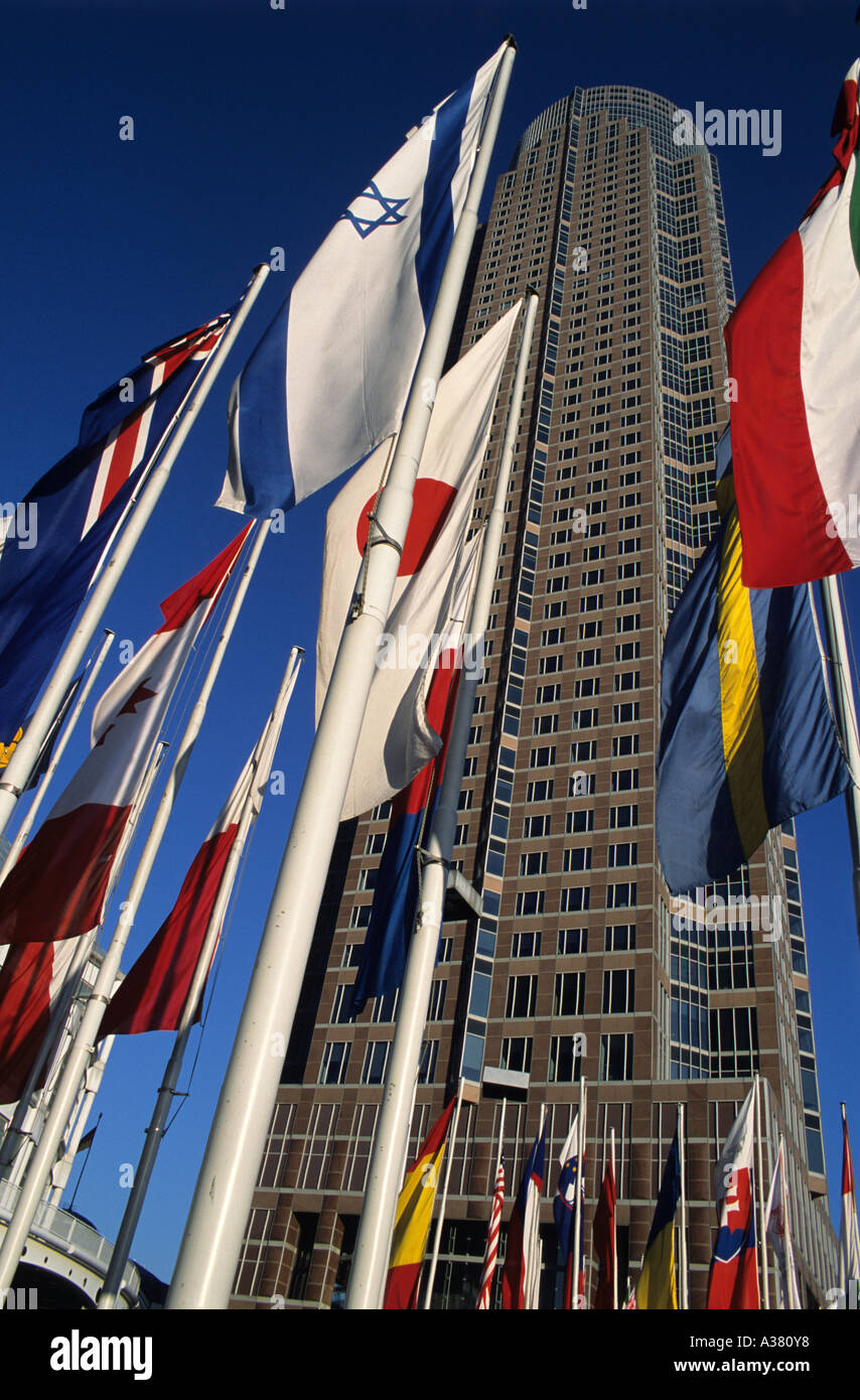 National flags in front of Frankfurt Messeturm trade fair tower Stock ...