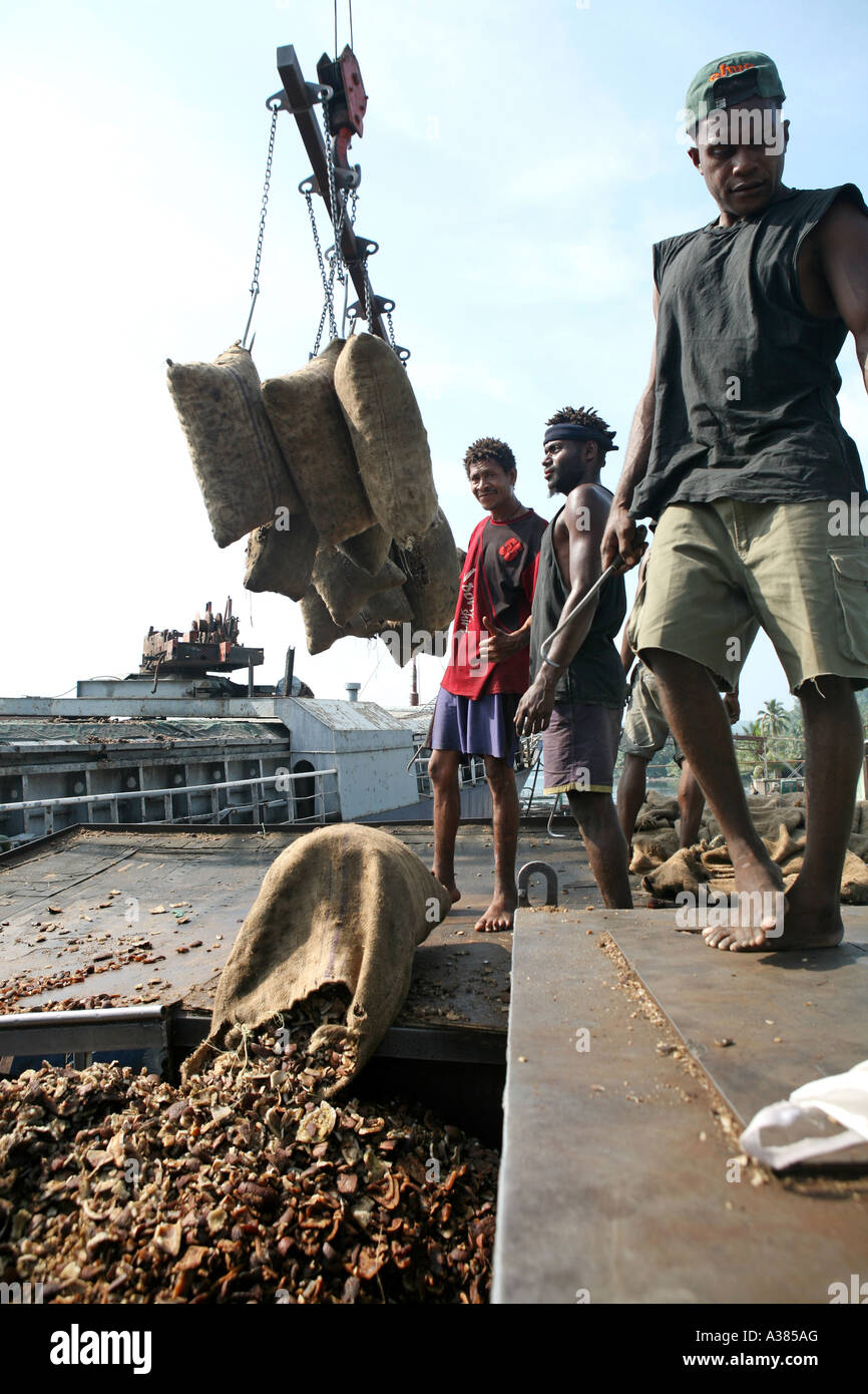 Men unloading sacks of copra ready for processing at CPL, Rabaul, East ...
