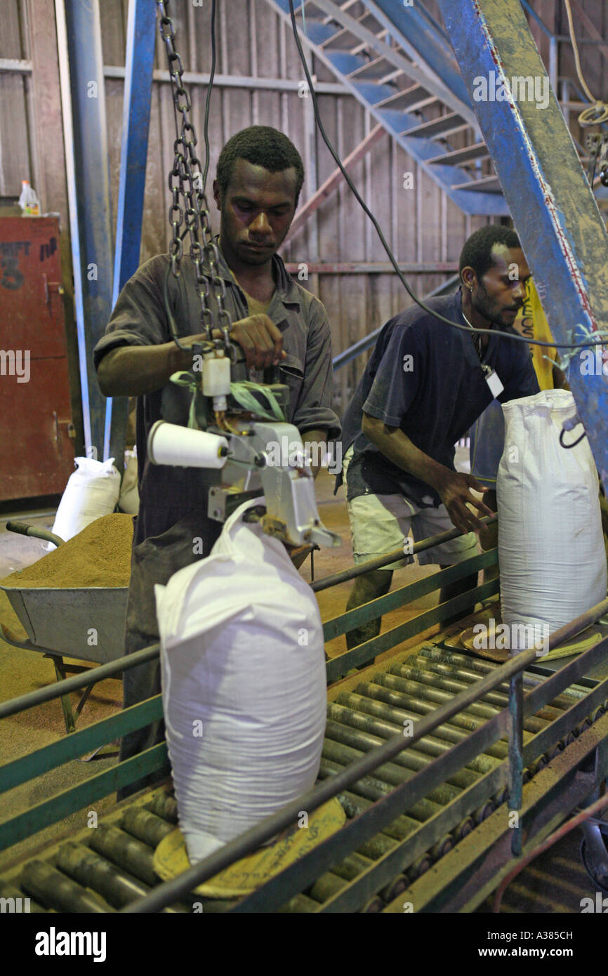 Man sowing up sacks of animal feed made from copra that has had the oil ...