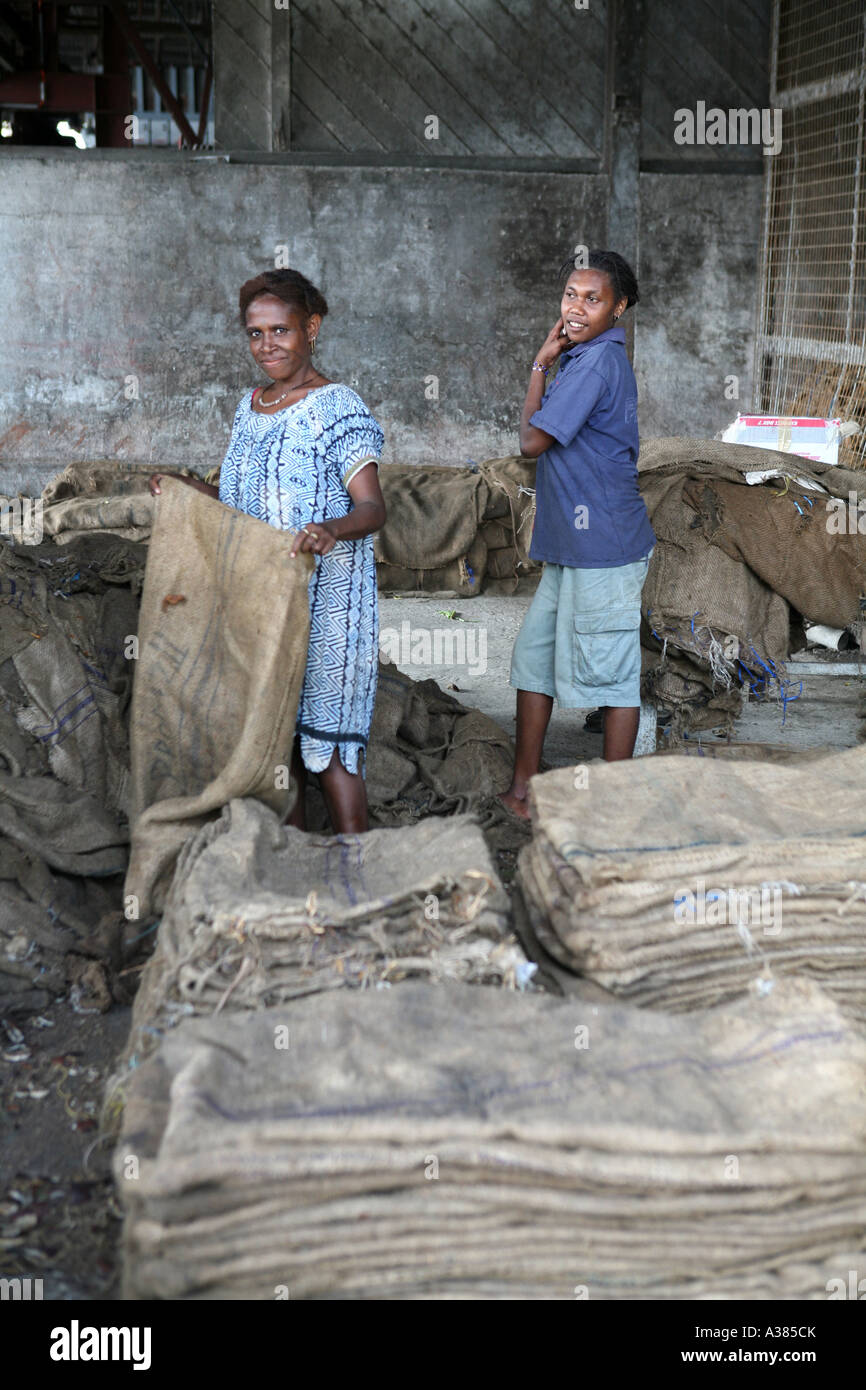 Women folding sacks at a copra processing plant in Rabaul, East New ...