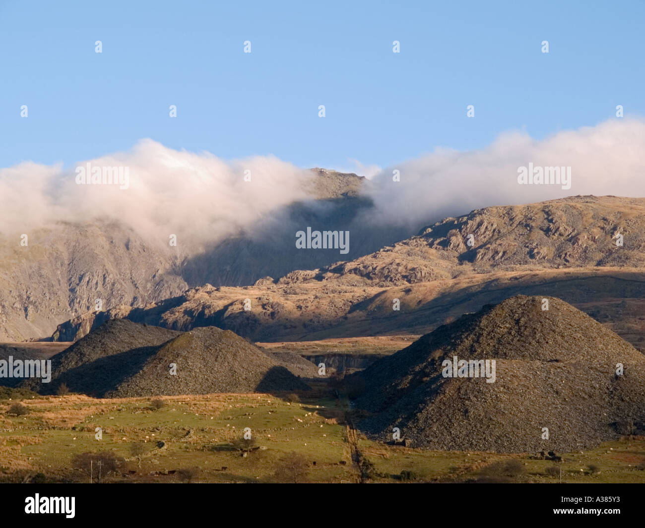 SLAG HEAPS of SLATE from old quarry workings below Snowdon Snowdonia ...