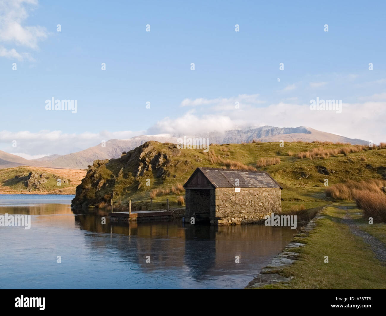 SNOWDON SUMMIT Yr Wyddfa from west across lake Llyn y Dywarchen ...