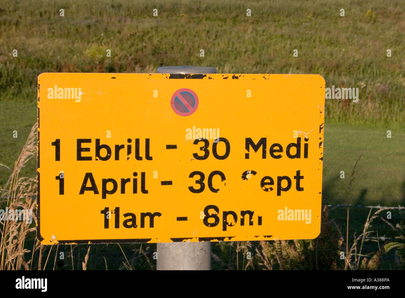 Weatherbeaten bilingual Welsh/English roadsign Broadhaven Dyfed SW ...