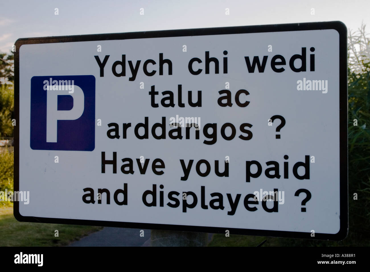 Welsh/English bilingual car park sign Broadhaven Dyfed SW Wales UK ...