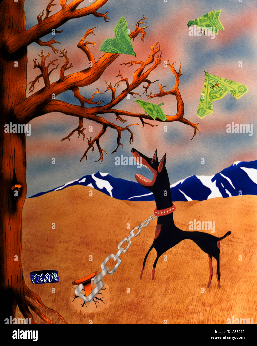 Dog barking at birds made of money in a tree Stock Photo - Alamy