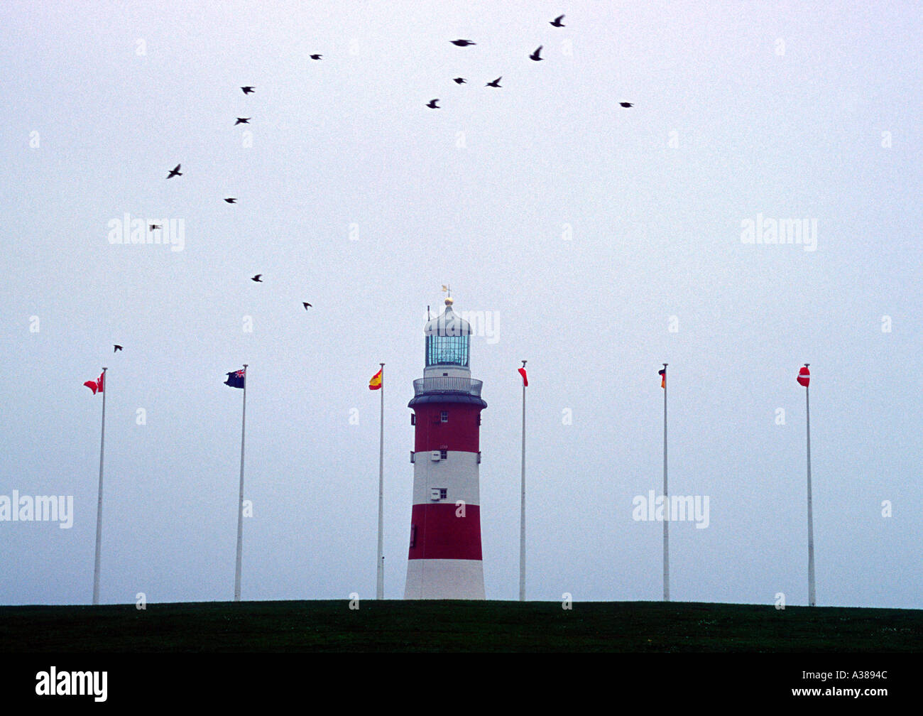 Lighthouse at Plymouth Hoe Devon England on foggy day Stock Photo - Alamy