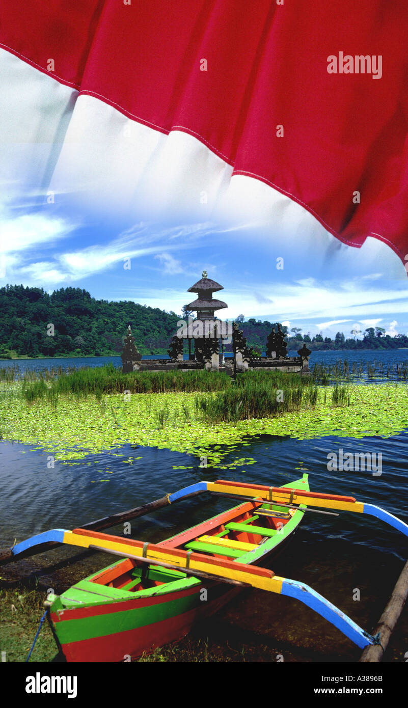 Pura Ulu Danu temple in Bali with the flag of Indonesia Stock Photo - Alamy