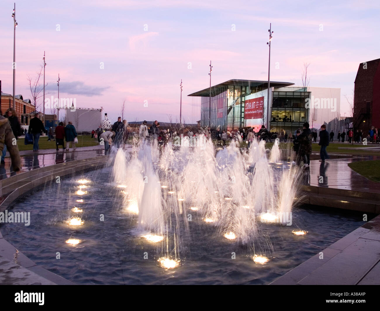 Illuminated fountain in front of the Middlesbrough Institute of Modern ...