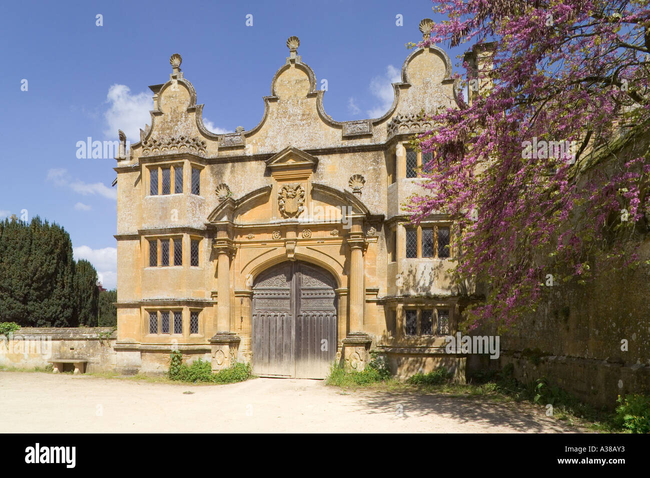 17th century Cotswold stone gateway to Stanway Manor, Gloucestershire ...
