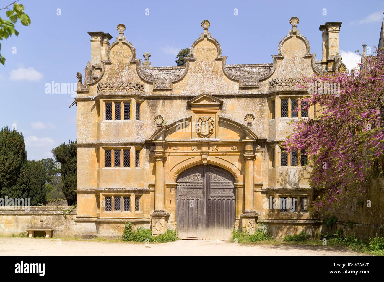 17th century Cotswold stone gateway to Stanway Manor, Gloucestershire ...