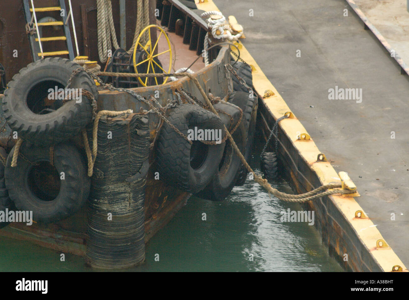 Front Shot of Large Tug Boat with Automobile Tires for Protection Stock ...