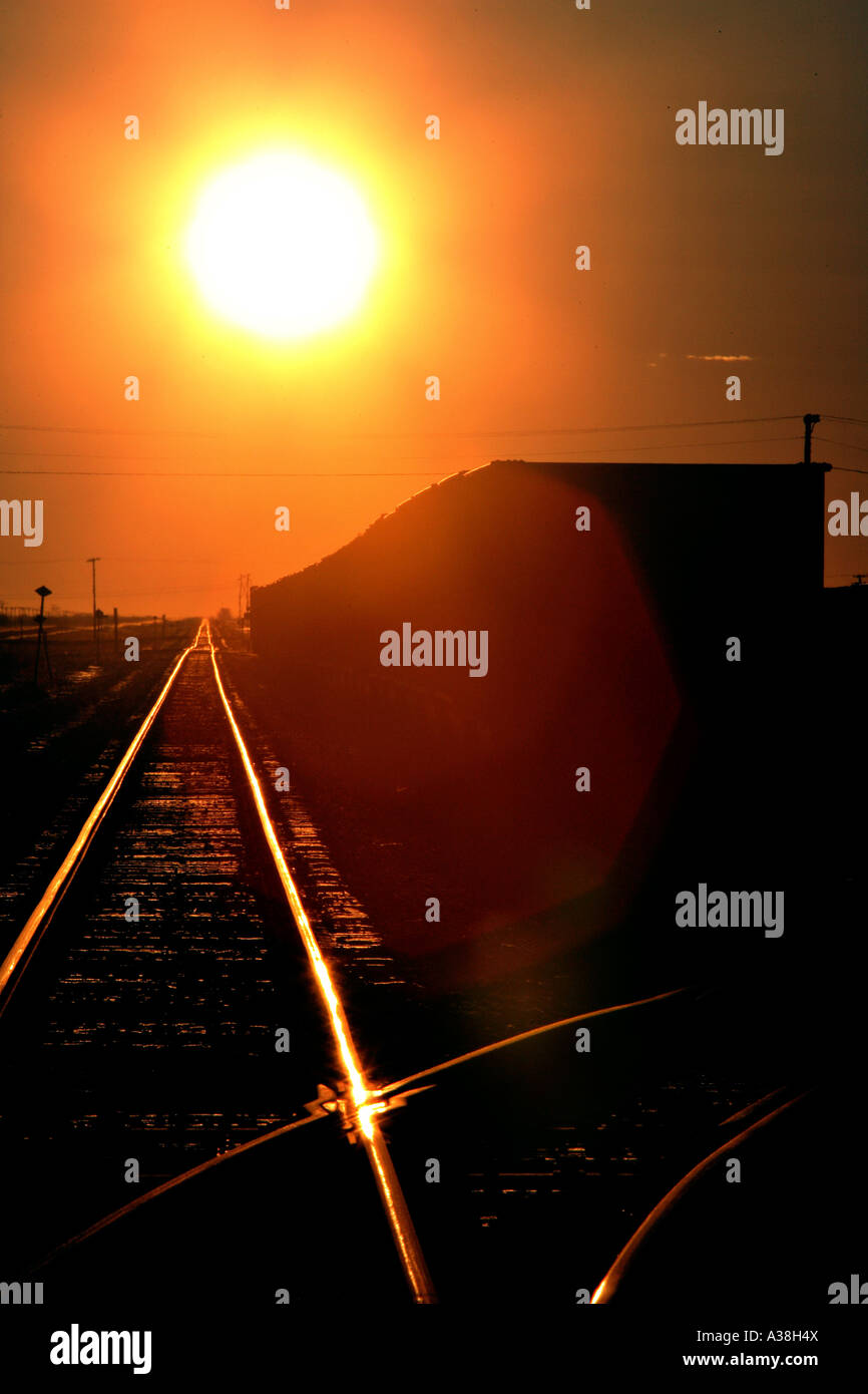 Morning sun lighting up railroad track Stock Photo - Alamy
