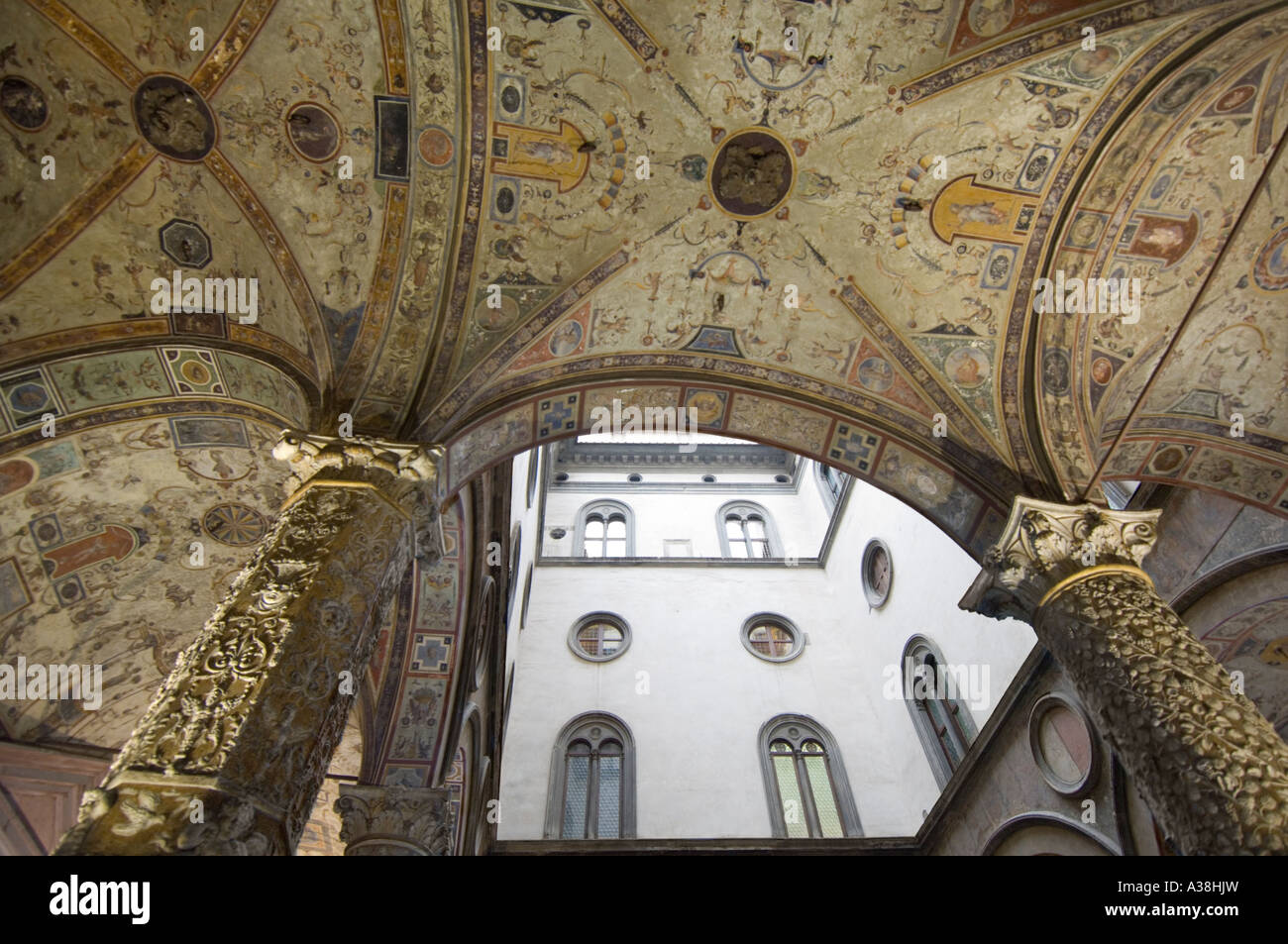 The ornate first courtyard at the entrance of the Palazzo Vecchio with ...