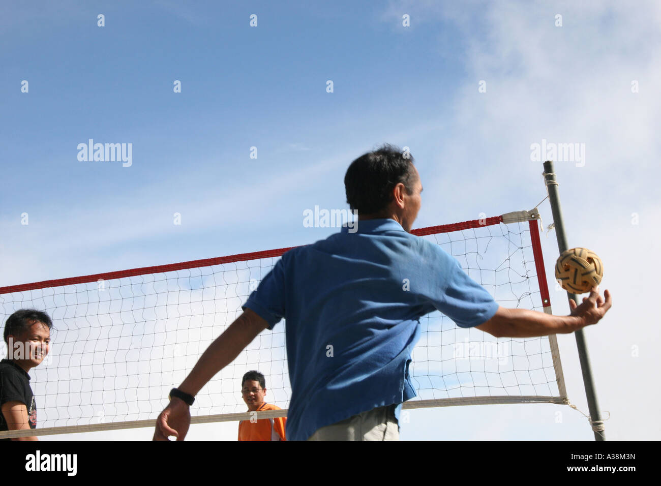Mountain guides playing a game of takraw at Laban Rata on Mt Kinabalu ...