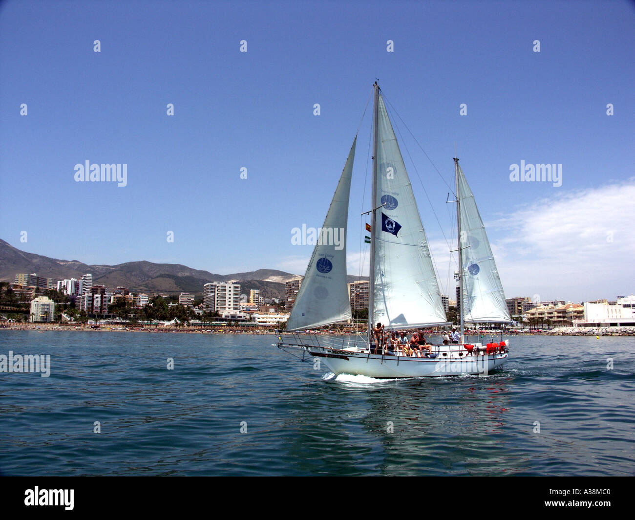 Yacht sailing in the Mediterranean Sea off the coast of Benalmadena ...