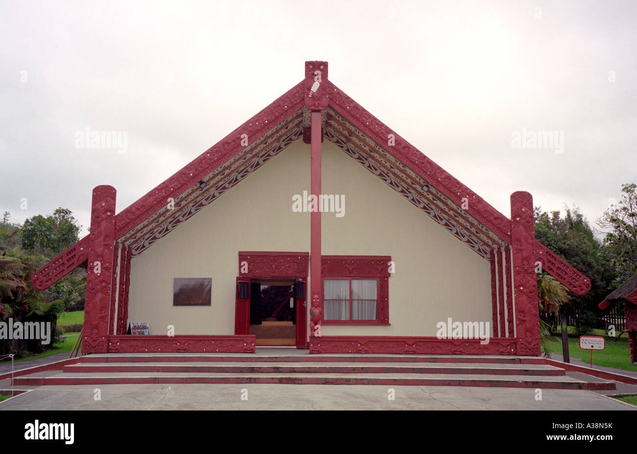 Traditional Maori meeting house at Whakairo, near, Rotorua North Island ...