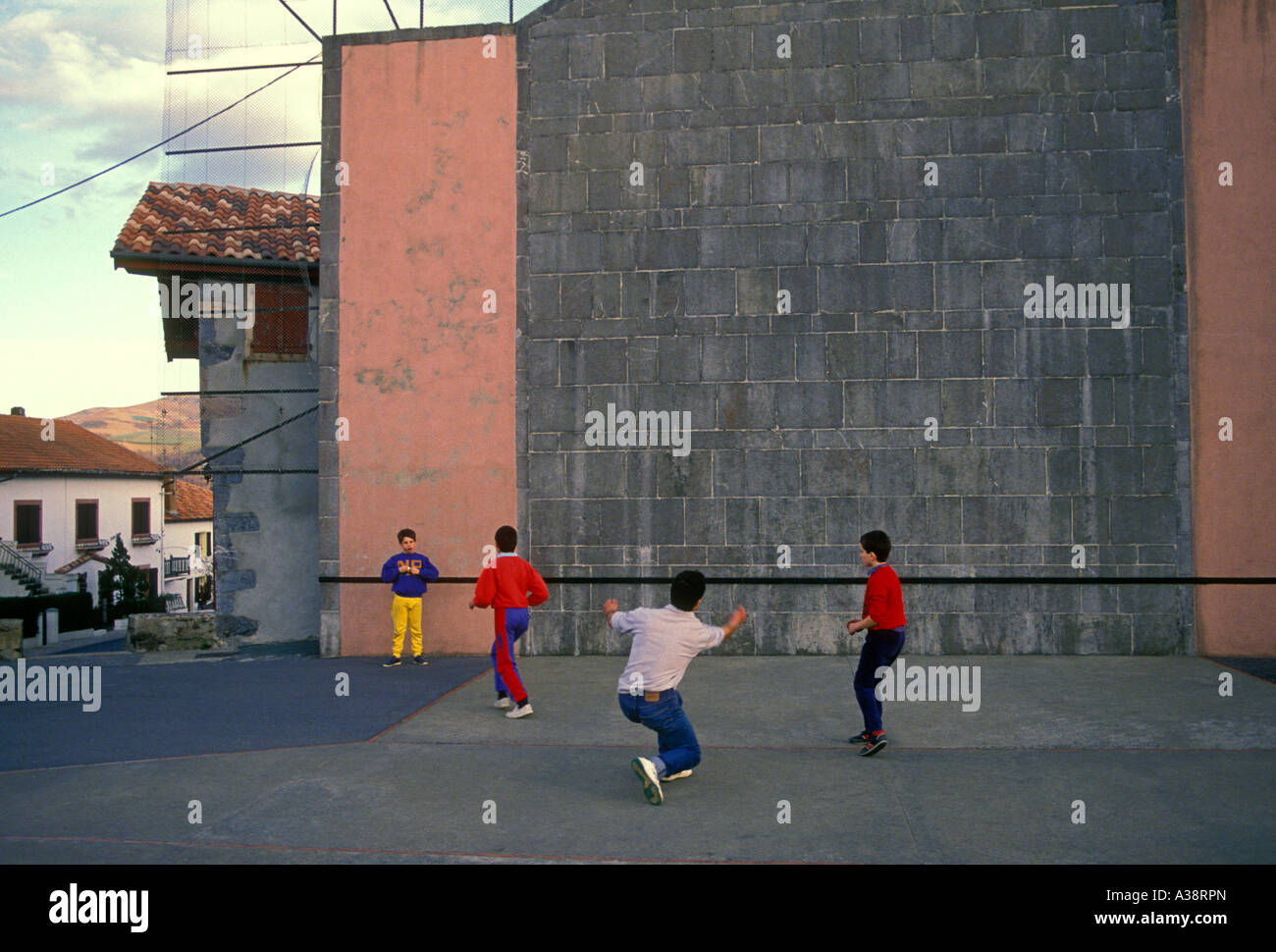 French Basque people man and boys playing handball pelota pilota in the ...
