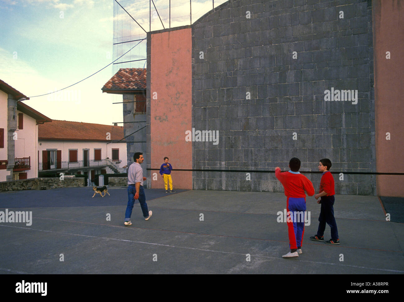 French Basque people man and boys playing handball pelota pilota in the ...