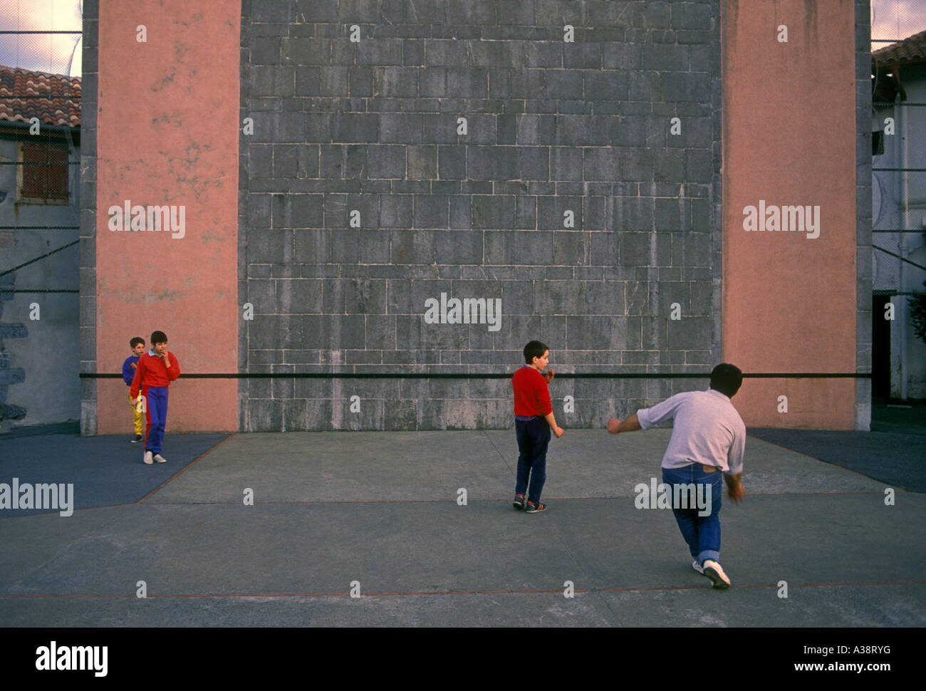 French Basque people man and boys playing handball pelota pilota in the ...