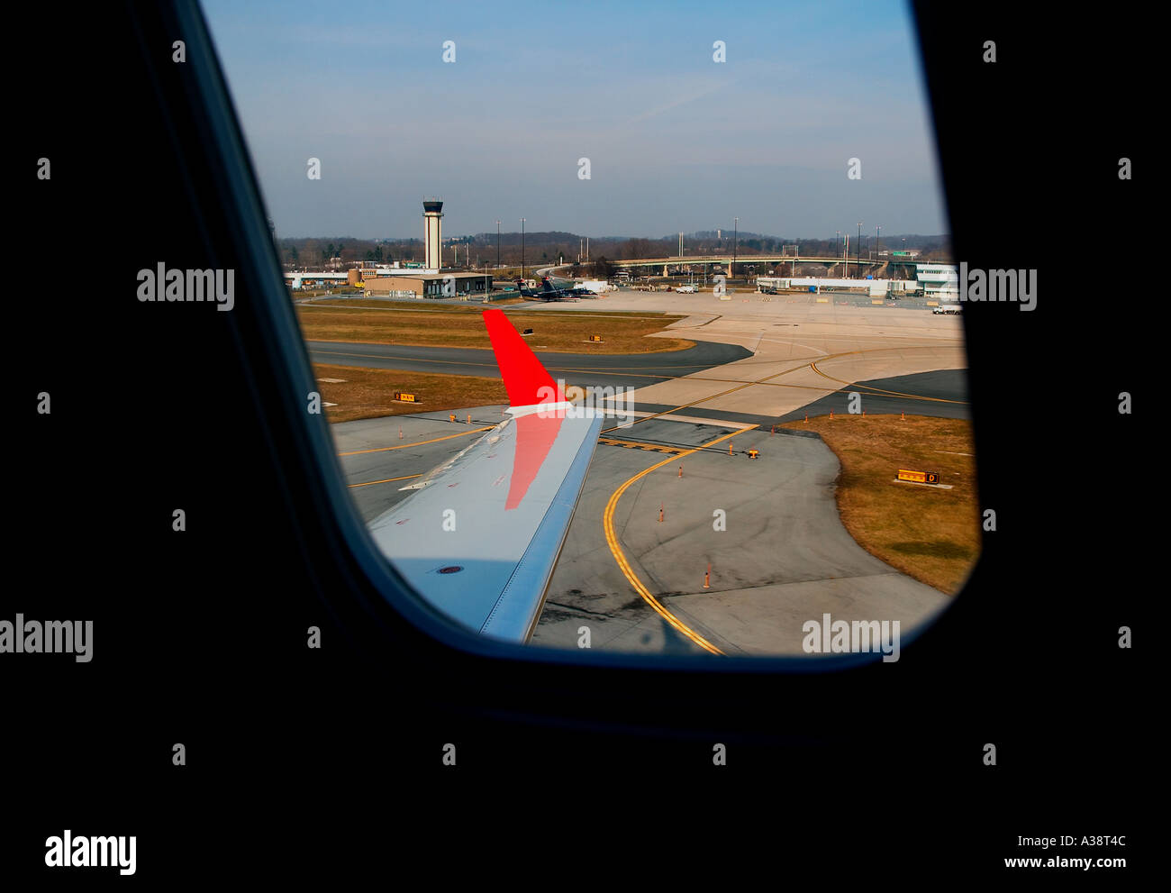View from an aircraft during takeoff of airport air traffic control ...