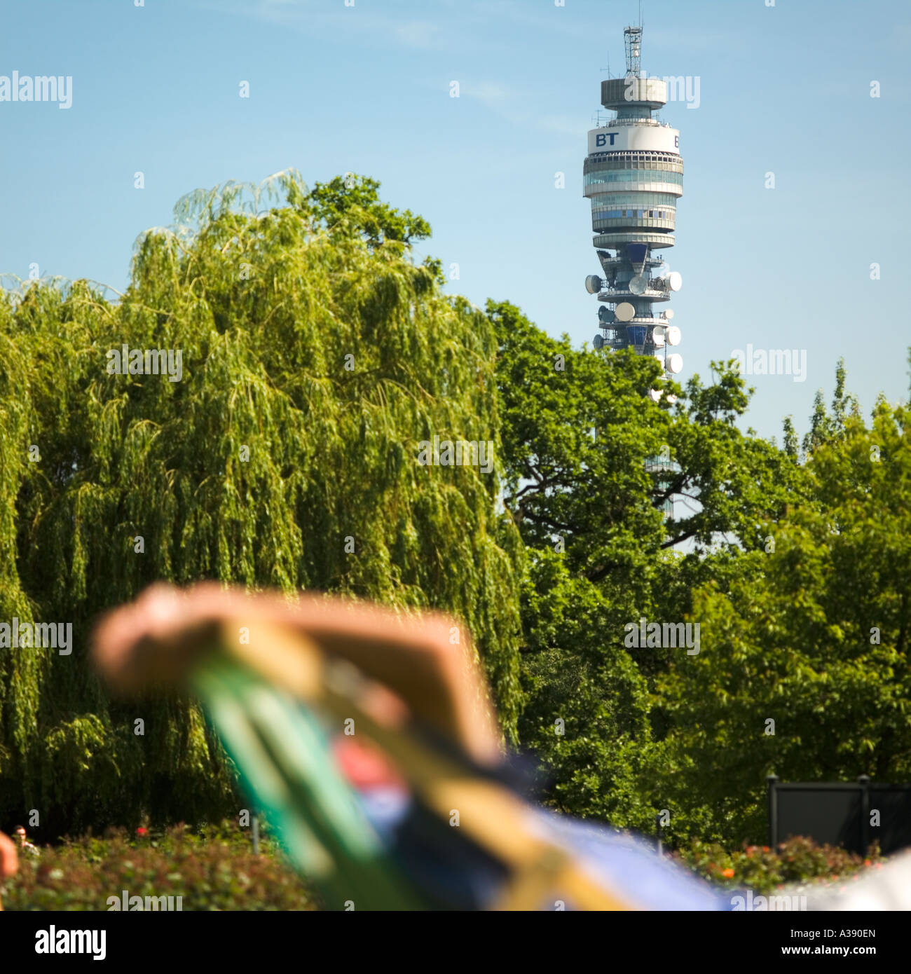lean back relax sun deckchair Regent's Park BT tower No model release ...