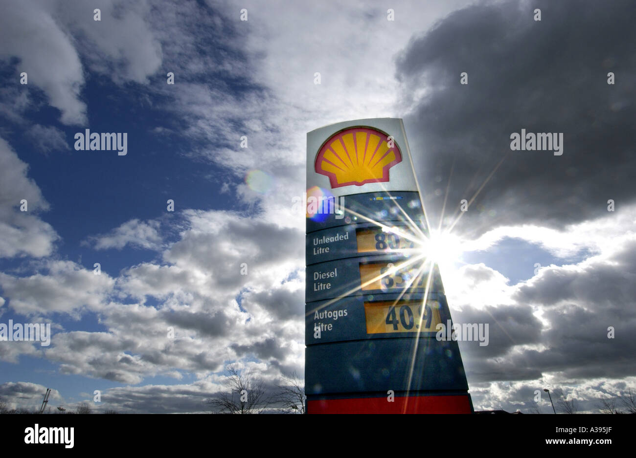 Shell garage sign against a powerful cloudy sky Stock Photo - Alamy