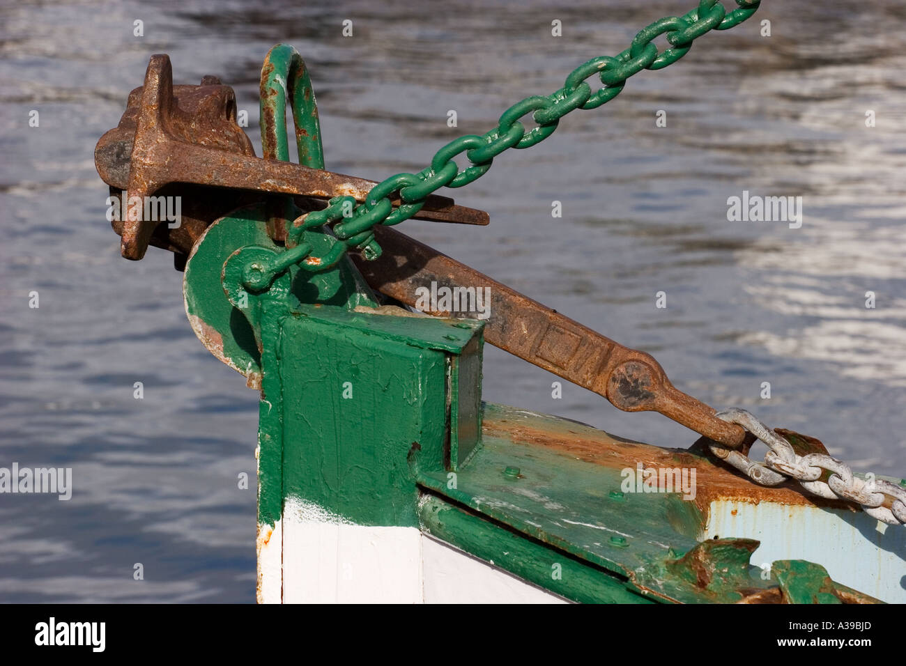 Close up of bow and anchor of fishing boat Stock Photo - Alamy