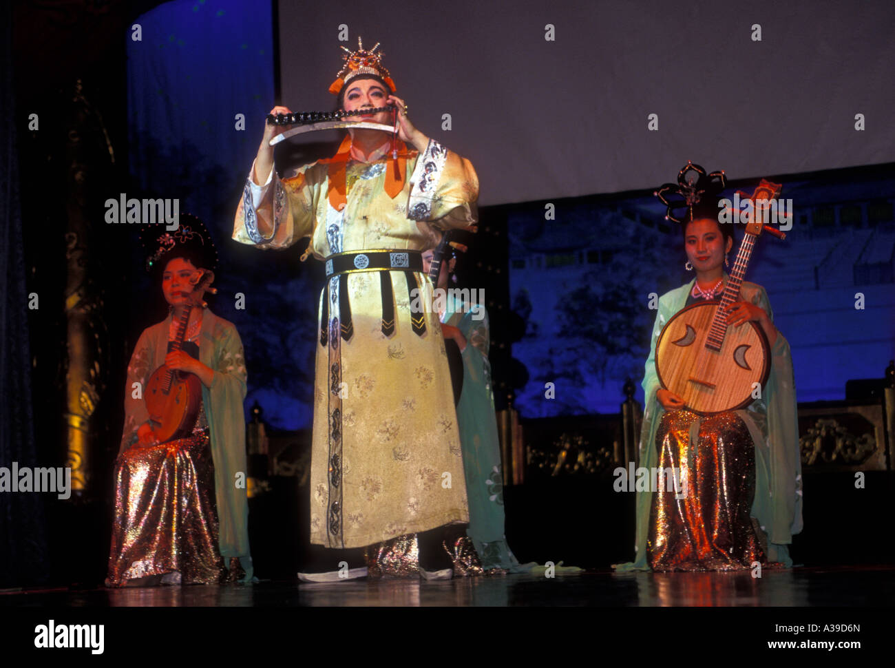 1, one, Chinese man musician playing ancient music on stage at Tang ...