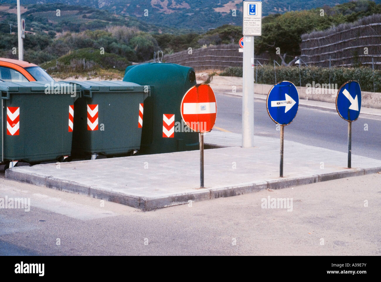 way, way, road signs, dumpsters, garbage, green, white, red, blue ...