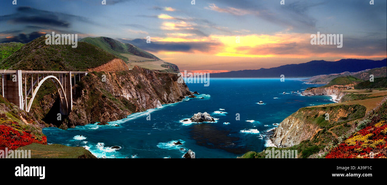 California USA Pacific Coast Highway Bixby Bridge Ocean Scenic Panorama ...