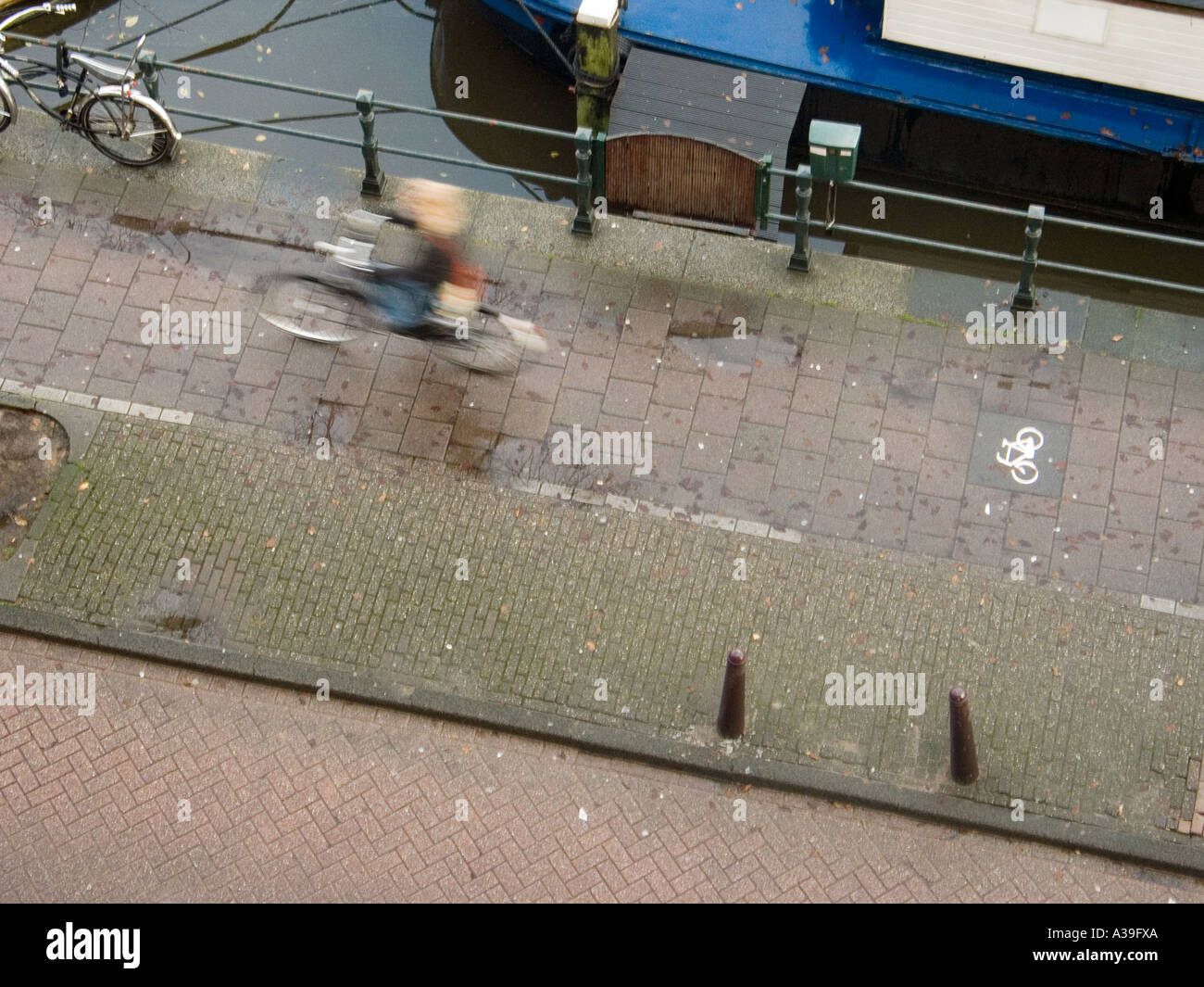 view from above of a cyclist on a cycle path alongside an Amsterdam ...
