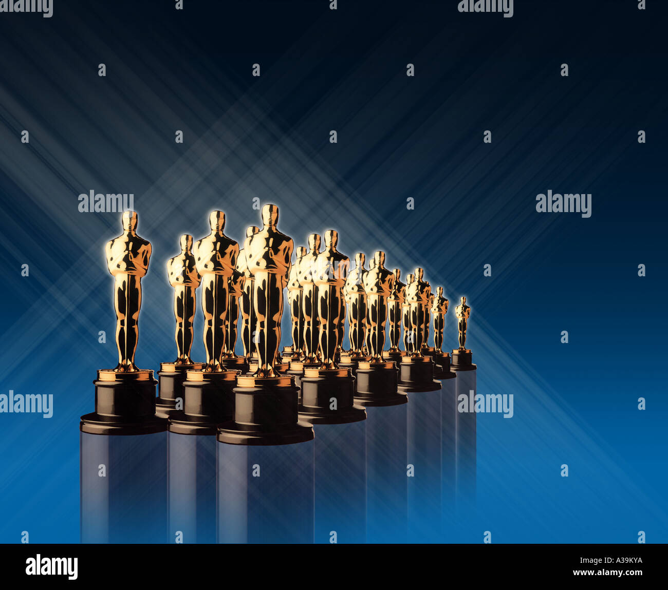 Group of stylized Oscar statuettes against a blue gradient background ...