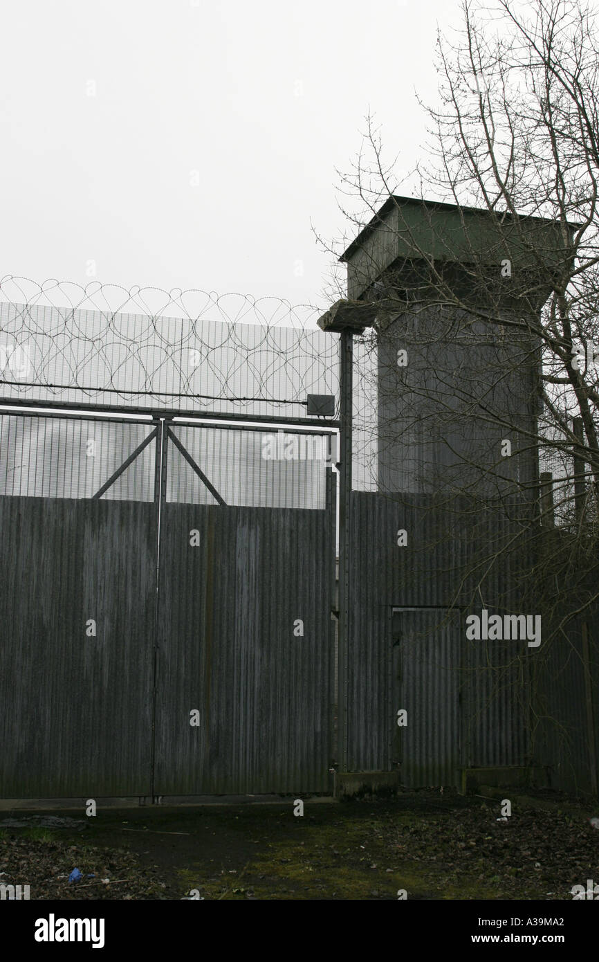 Abandoned watchtower and external gate of the former Maze Prison Long ...