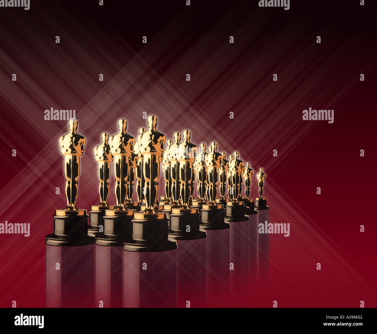 Group of stylized Oscar statuettes against a red gradient background ...