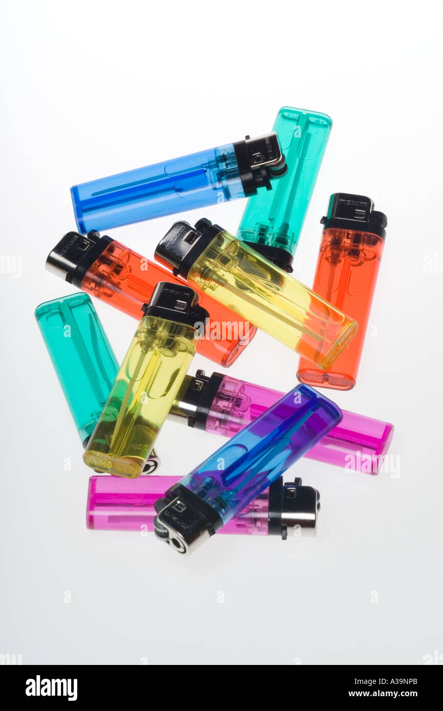 disposable cheap colourful plastic cigarette lighters Stock Photo - Alamy