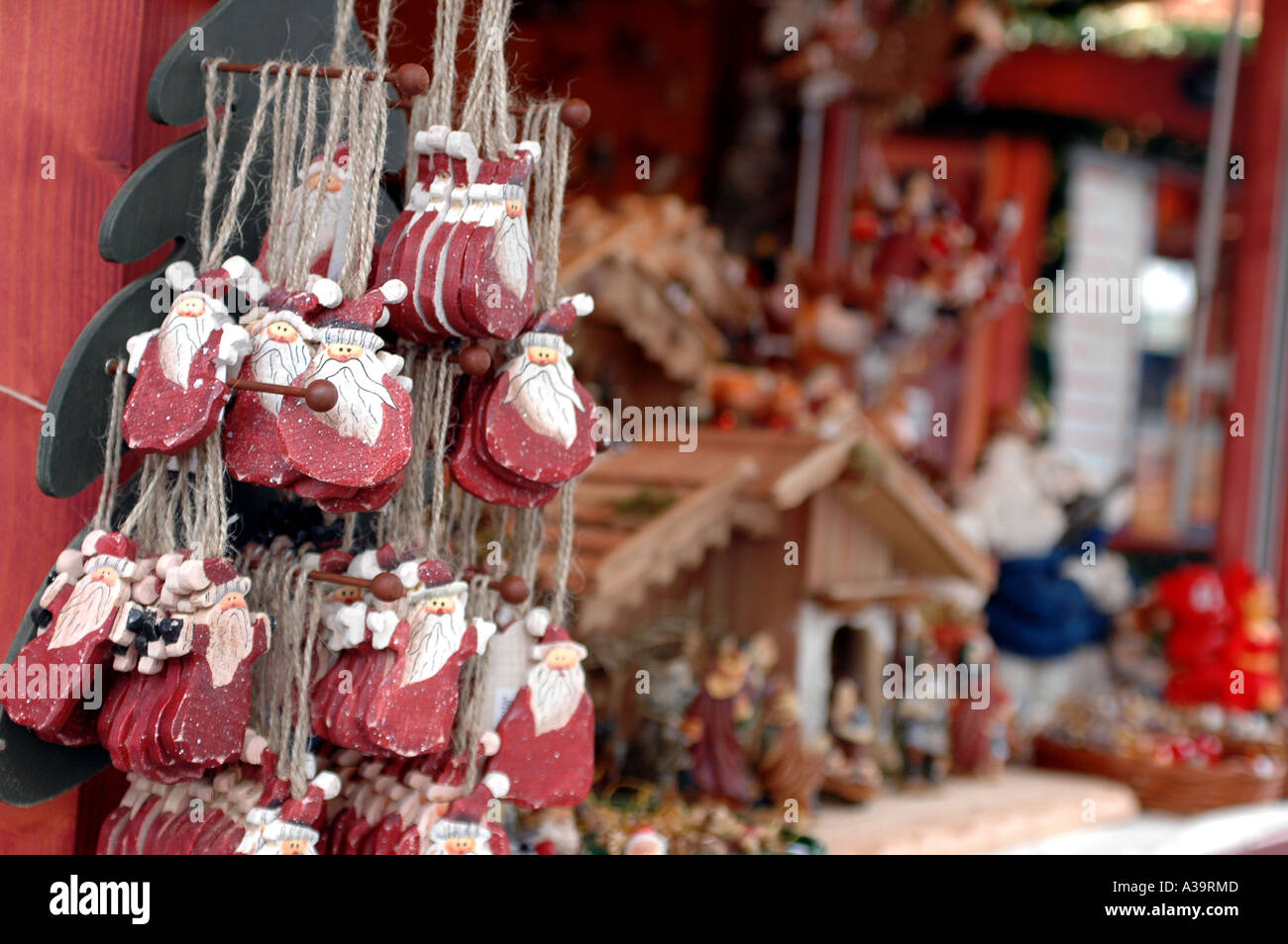 Traditional wooden Christmas tree decorations at the Christkindl market ...