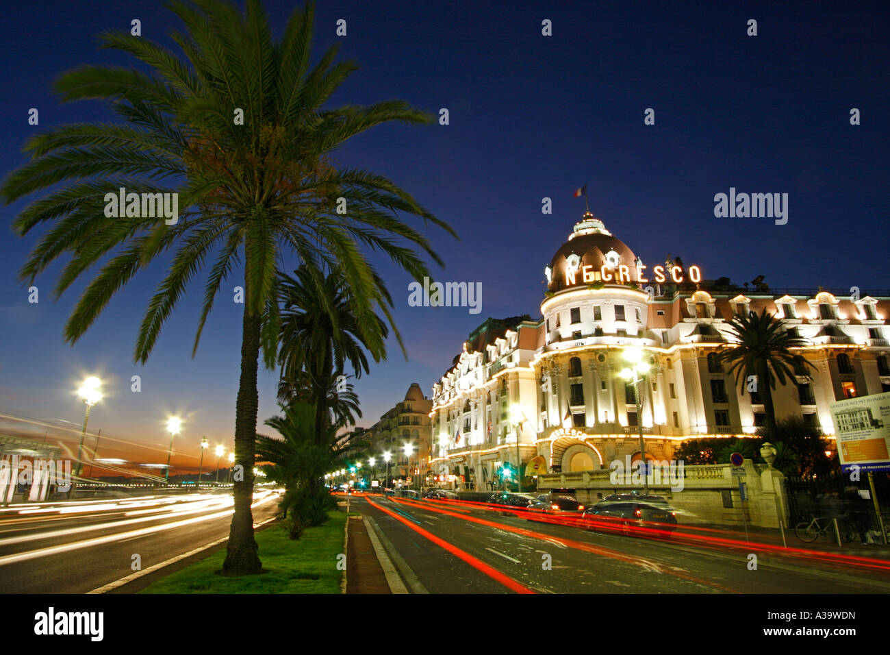 France Nice Promenade des Anglais Hotel Negresco at night Stock Photo ...