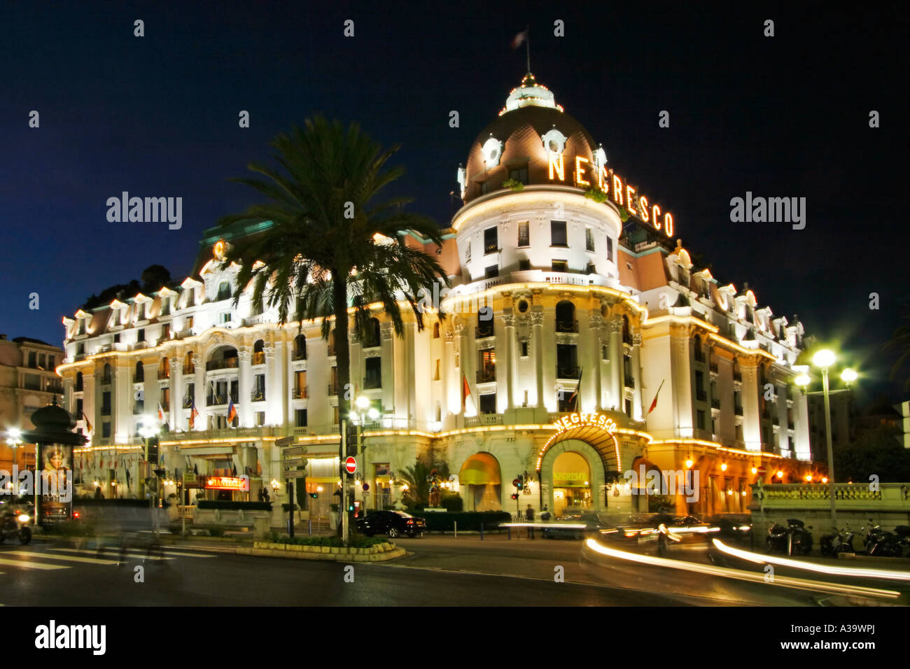 France Nice Promenade des Anglais Hotel Negresco at night Stock Photo ...
