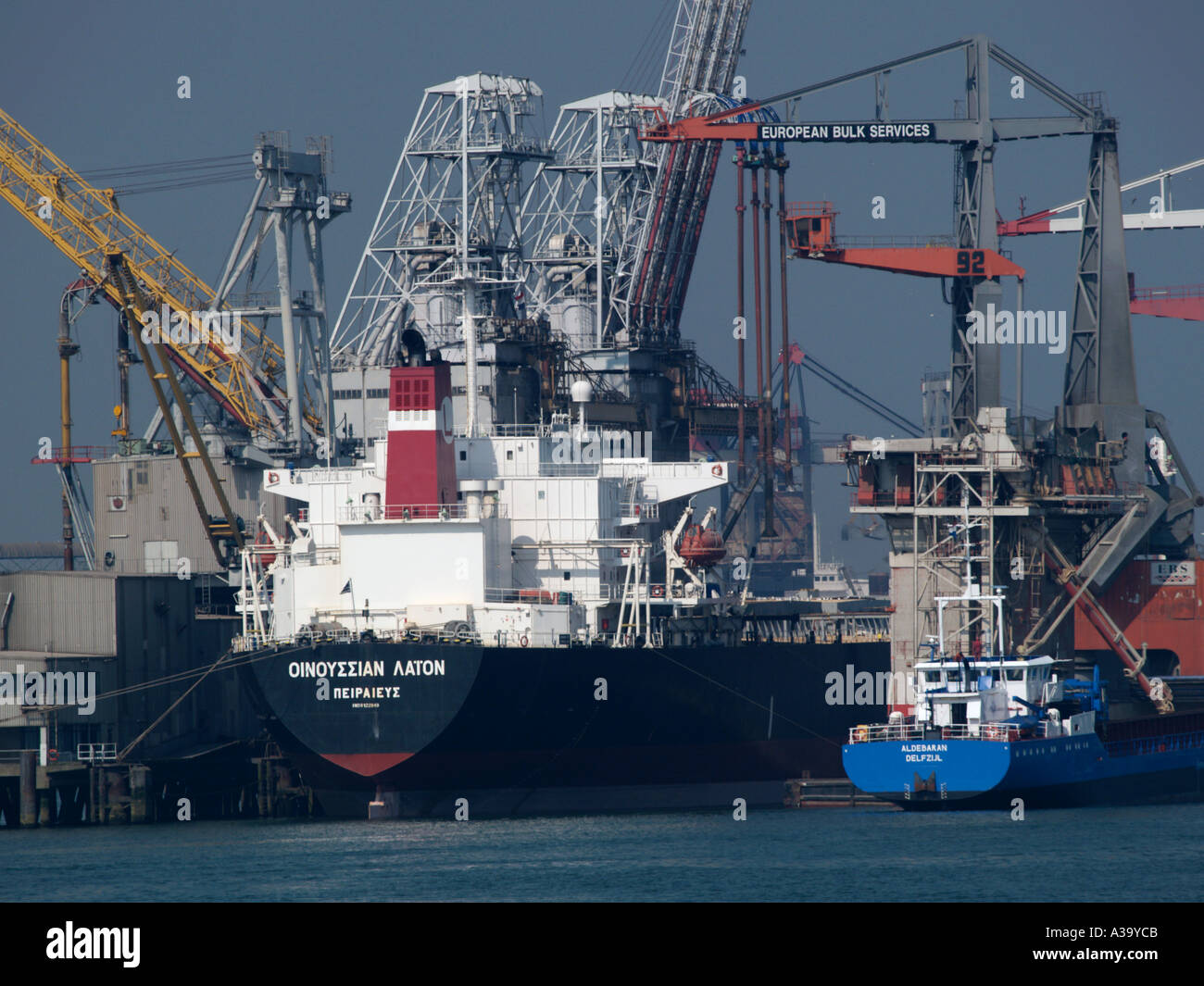 Greek cargo ship being unloaded in the port of Rotterdam the ...