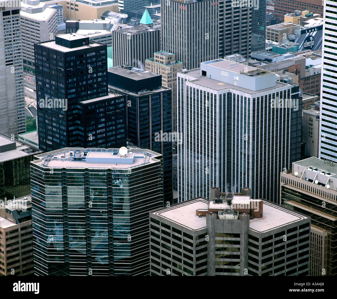 Looking down on high rise office blocks in downtown Toronto, viewed ...