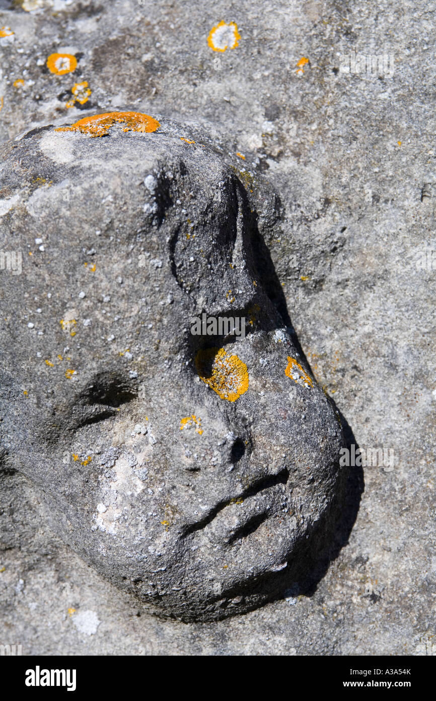 Cherubic face on a gravestone with orange lichen, Painswick Church ...