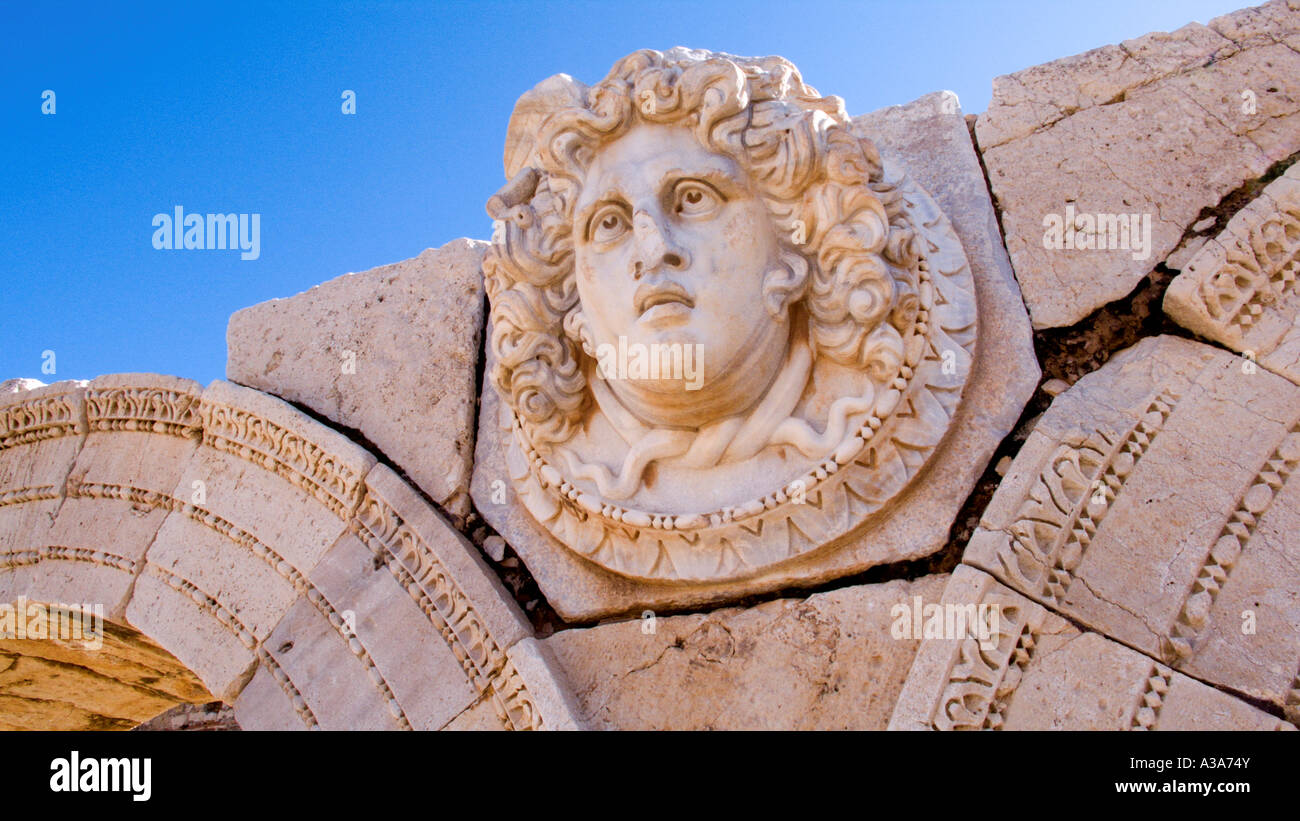 Sculpted Medusa head at the Forum of Severus Leptis Magna Libya Stock ...