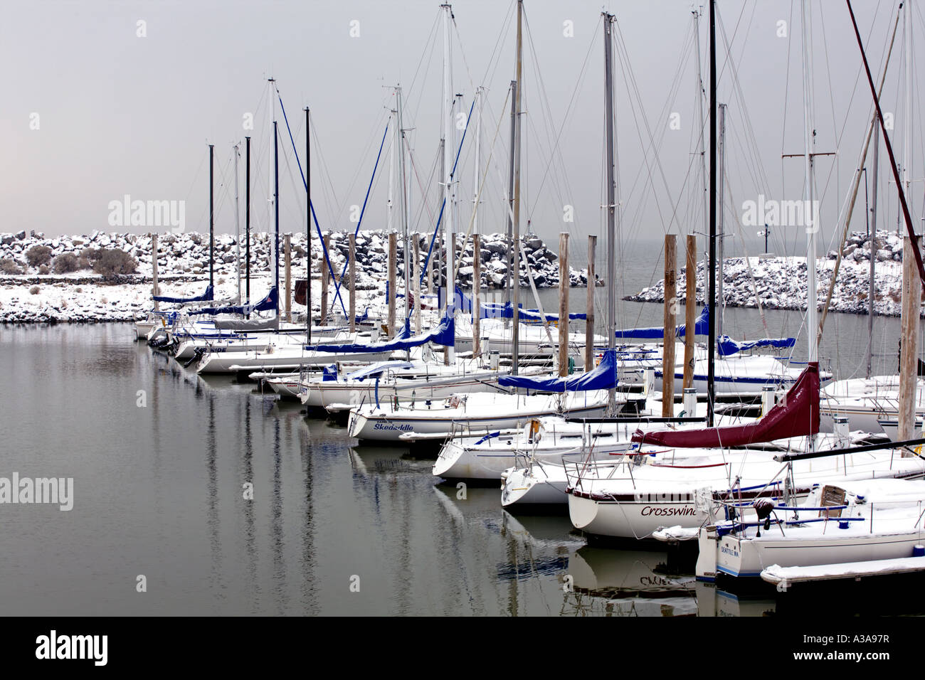 SLC Boat harbor winter open Great Salt lake Stock Photo - Alamy