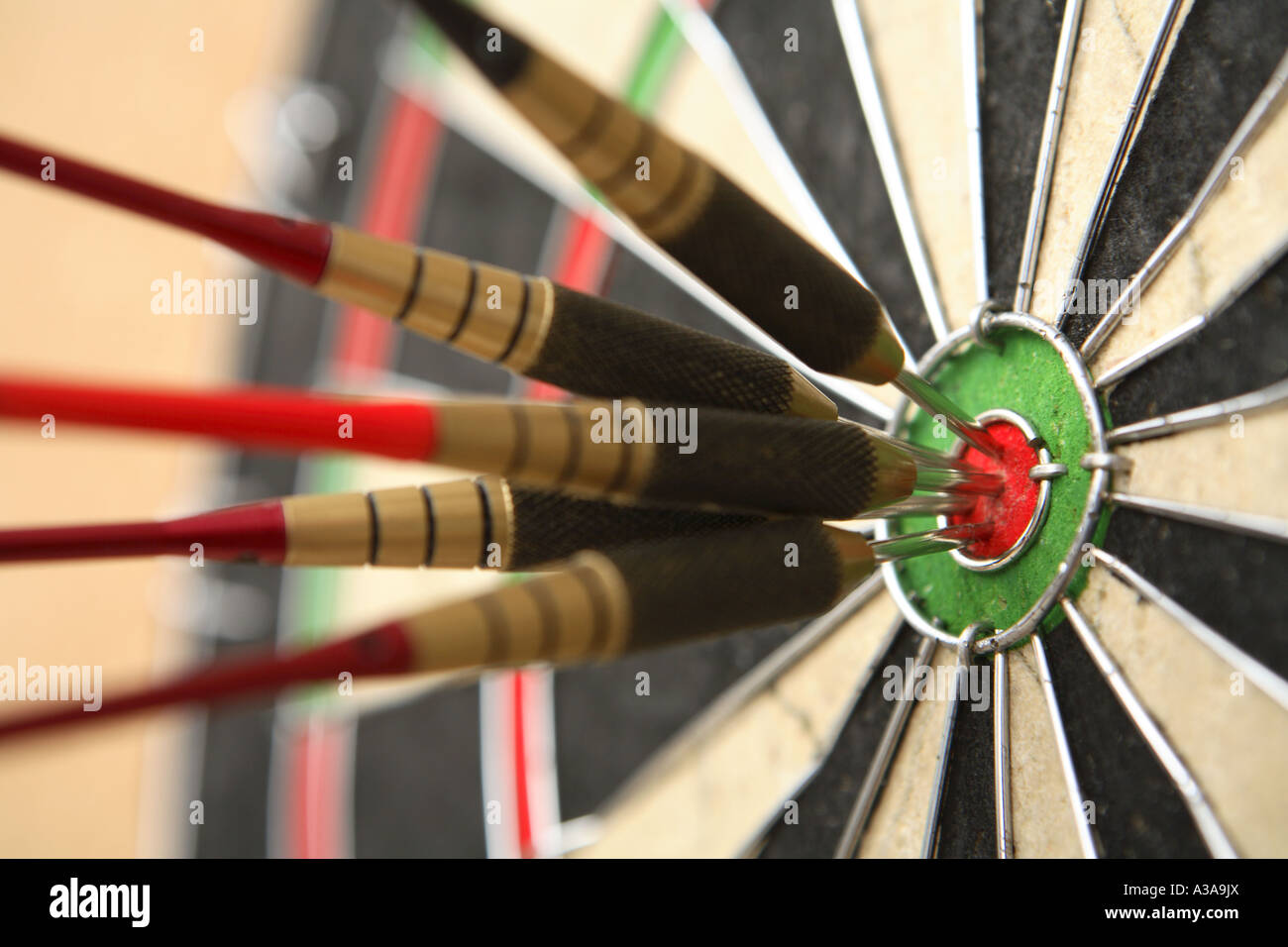 Dart board with several darts on the bullseye Stock Photo Alamy