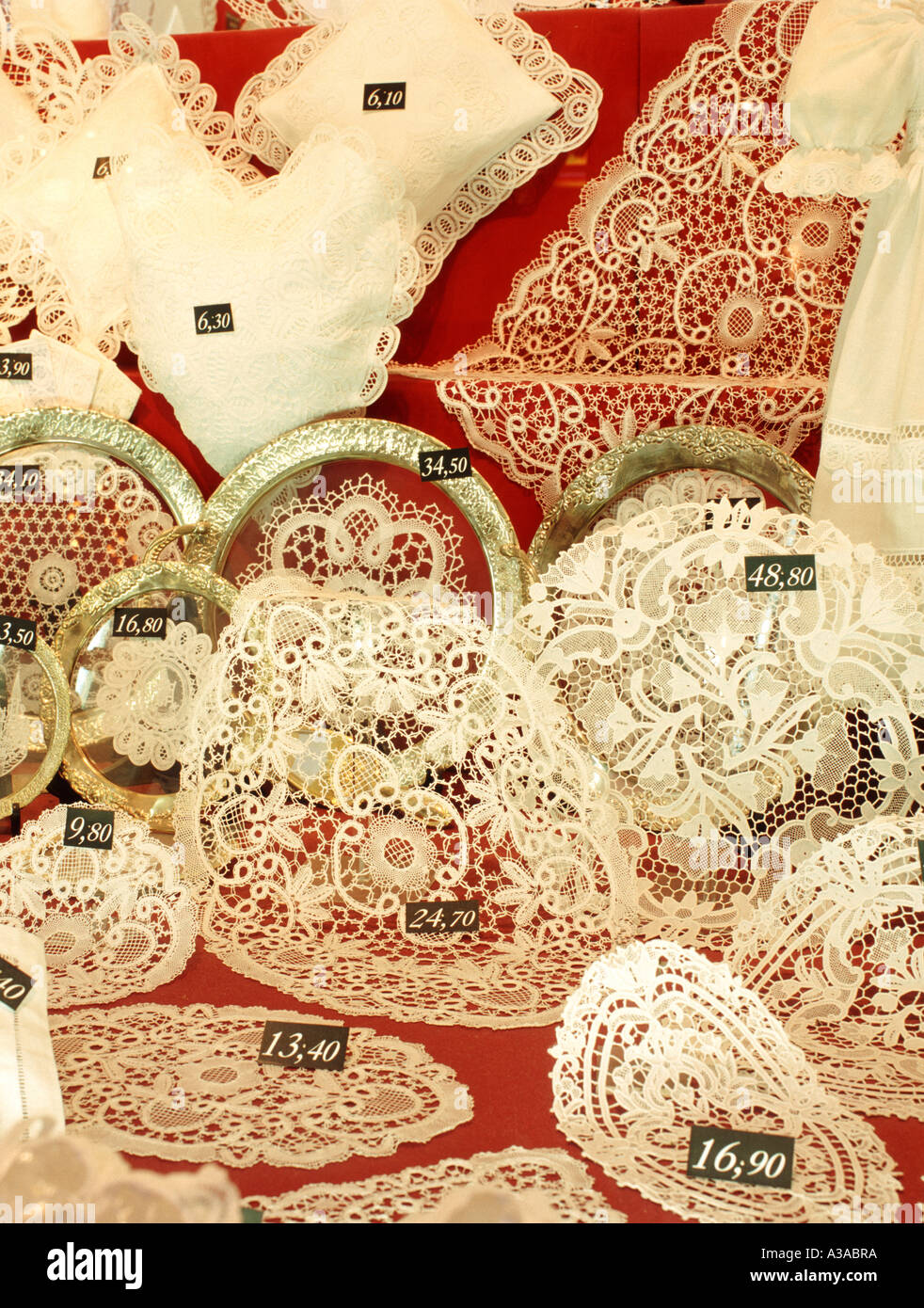 Display of Lace in shop window, Bruges, Belgium Stock Photo - Alamy