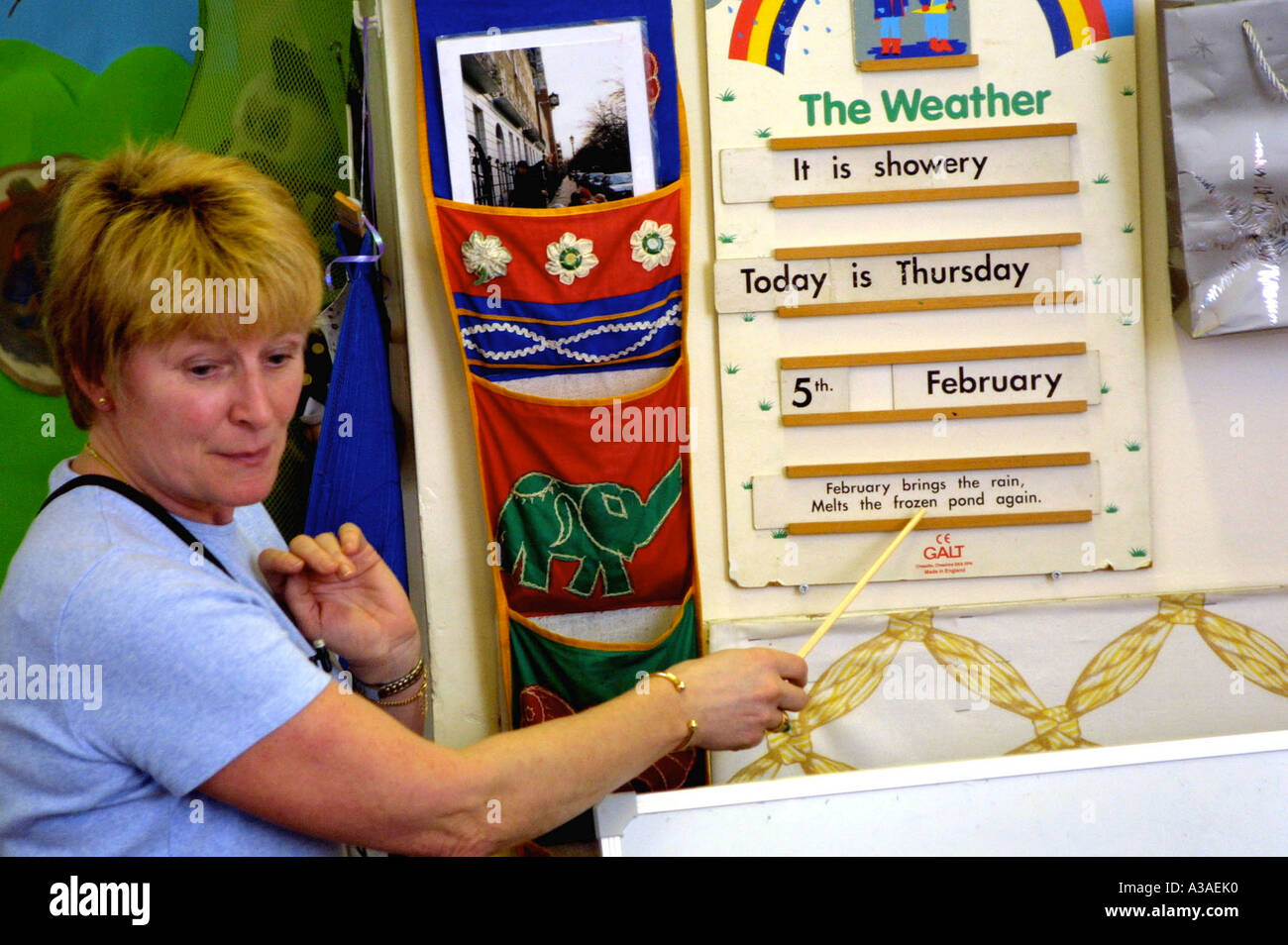 nursery school teacher showing weather board Stock Photo - Alamy