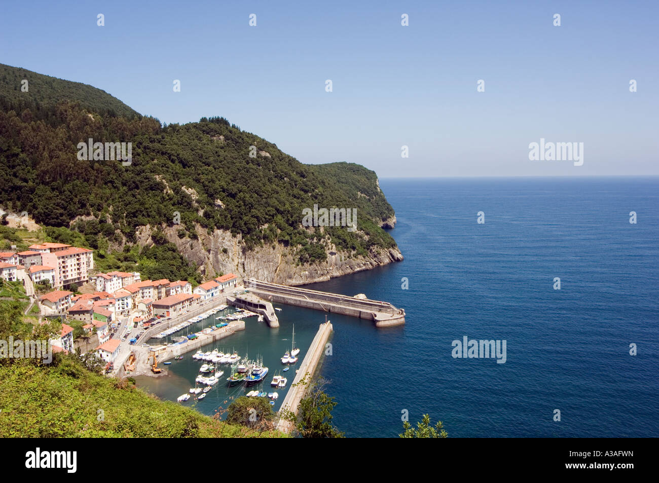 Spain Basque Country hilltop view of small Harbour Town Elantxobe Stock ...