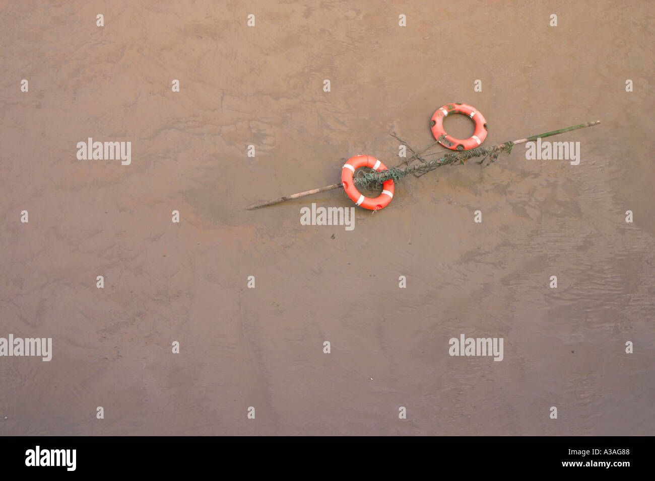 speared lifebelt in silted up river Stock Photo - Alamy
