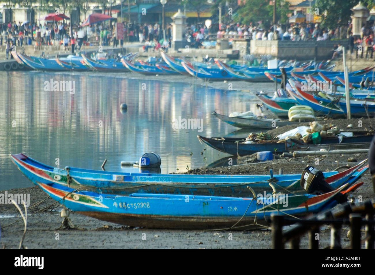 colourful fishing boats Dansui Tamsui fishing village Taipei Taiwan ...