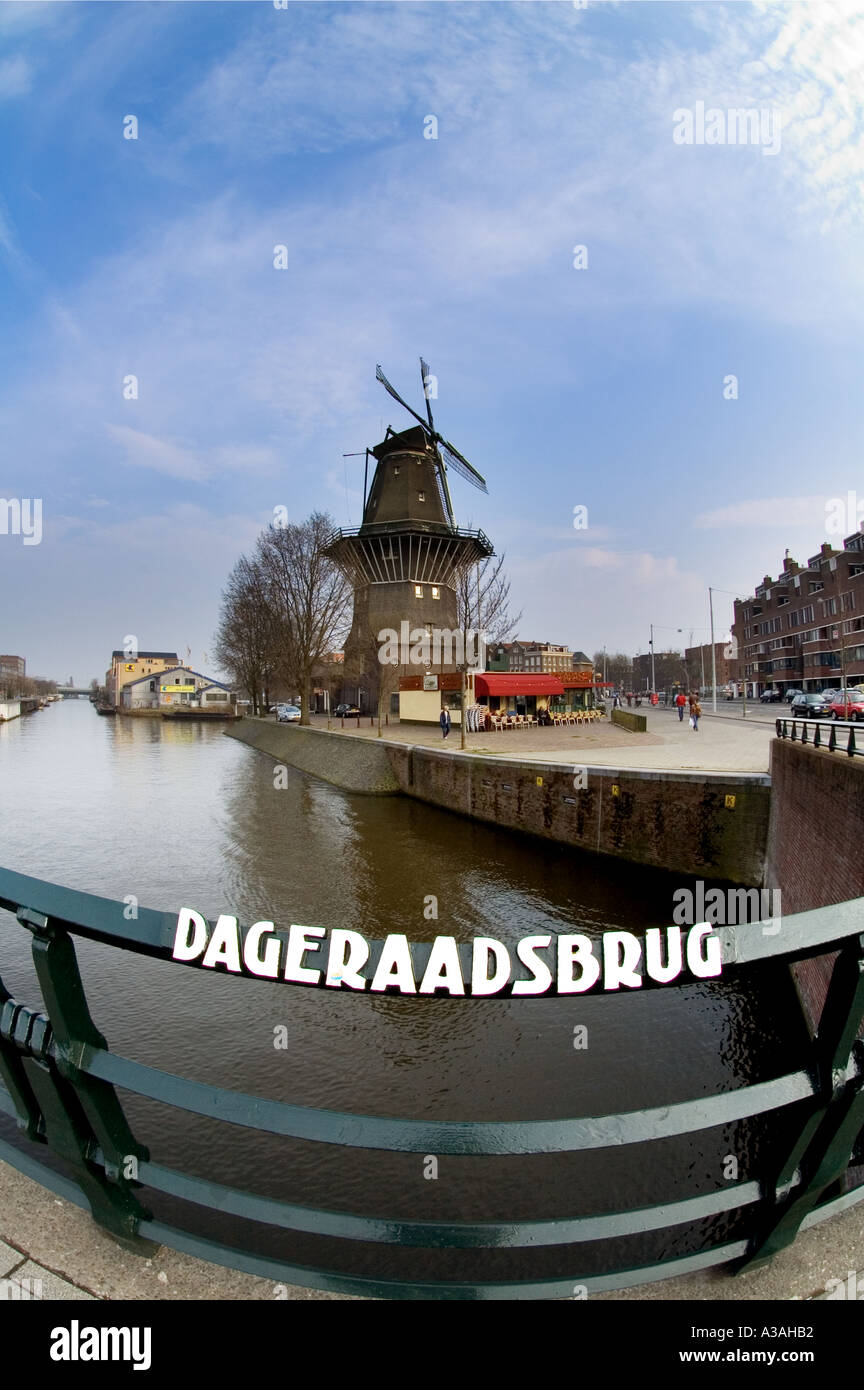 Windmill pictured from Dageraadsbrug bridge in Amsterdam Stock Photo ...